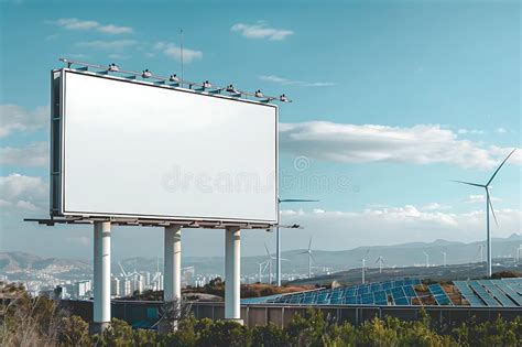 A Blank Billboard Stands In A Scenic Landscape With Wind Turbines And Solar Panels In The