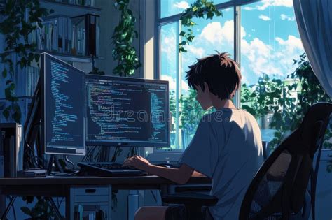 Young Coder Working From Home On Multiple Screens Programming Against