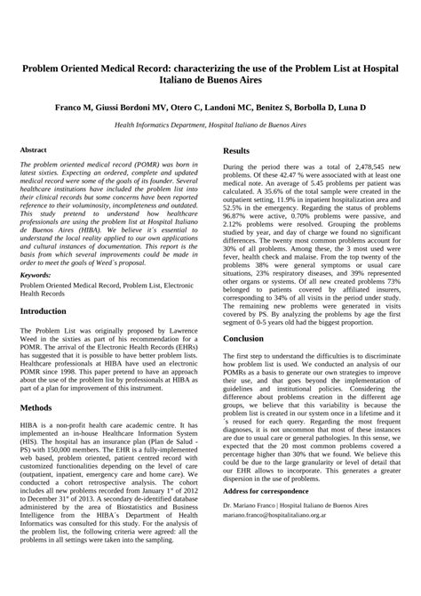 Pdf Problem Oriented Medical Record Characterizing The Use Of The Problem List At Hospital