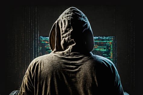 Premium Ai Image Hacker In Front Of Computer View From Shoulder Hacker In The Hood Typing Text
