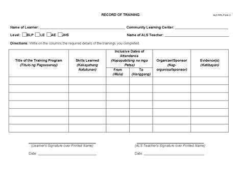 Rpl Form 2 Rpl Record Of Training Als Rpl Form 2 Name Of Learner Community Learning Center