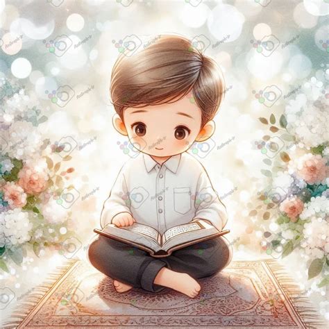 بک گراند کودکانه پسر نوجوان نشسته روی سجاده در حال قرآن خواندن کد 43838