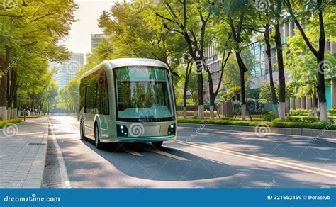 An Electric Autonomous Shuttle Bus Moves Along A Tree Lined City Street Ai Generated Stock