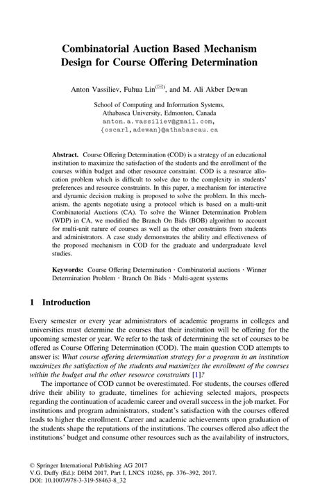 PDF Combinatorial Auction Based Mechanism Design For Course Offering Determination
