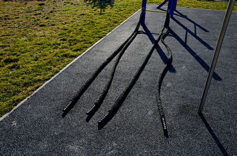 복싱과 체육관을위한 훈련장 밧줄과 사다리가있는 체육관 반지 운동 펀칭 백이 여기에 걸려 있습니다 남자들은 몸과 근육을 훈련시킵니다 펀칭 및 킥복싱 잔디 0명에 대한 스톡