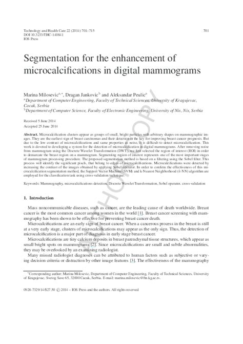 Pdf Segmentation For The Enhancement Of Microcalcifications In Digital Mammograms