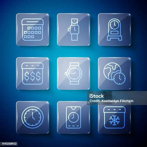 라인 시계 알람 시계 앱 모바일 달력 겨울 골동품 손목 시계 월급 날 달러가있는 달력 및 세계 시간 아이콘을 설정합니다 벡터 겨울에 대한 스톡 벡터 아트 및 기타 이미지