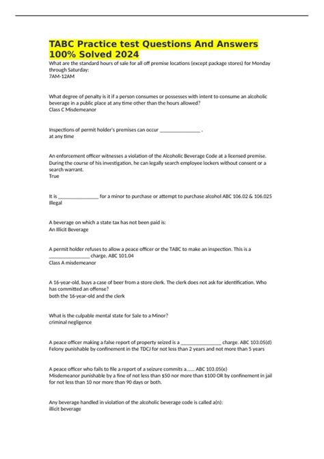 TABC Practice Test Questions And Answers 100 Solved 2024 TABC Stuvia US