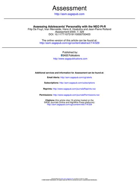 Pdf Assessing Adolescents Personality With The Neo Pi R