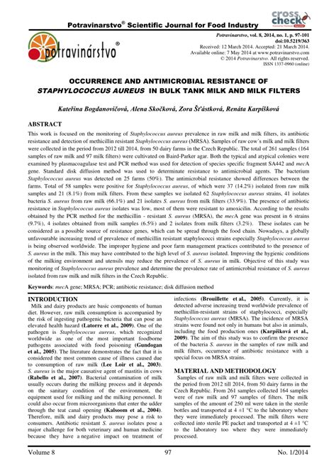 Pdf Occurrence And Antimicrobial Resistance Of Staphylococcus Aureus In Bulk Tank Milk And