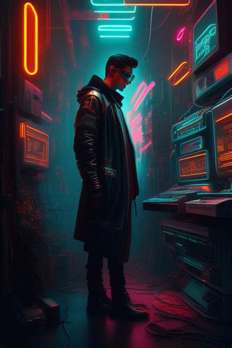 Drafty Shrew643 A Hacker Nerd Dressed In A Leather Coat In A Room With