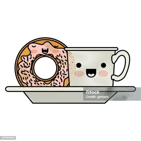 귀여운 커피 컵과 접시 색된 크레용 실루엣에서에 크림 유약 도넛 귀여운에 대한 스톡 벡터 아트 및 기타 이미지 귀여운 그릇 다중 색상 Istock