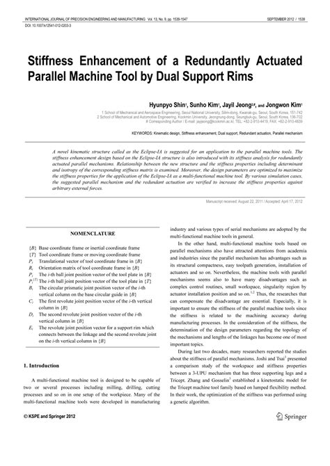 Pdf Stiffness Enhancement Of A Redundantly Actuated Parallel Machine Tool By Dual Support Rims
