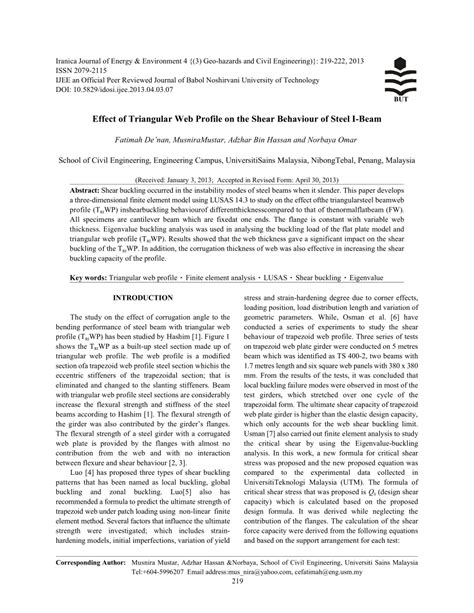 Pdf Effect Of Triangular Web Profile On The Shear Behaviour Of Steel I Beam