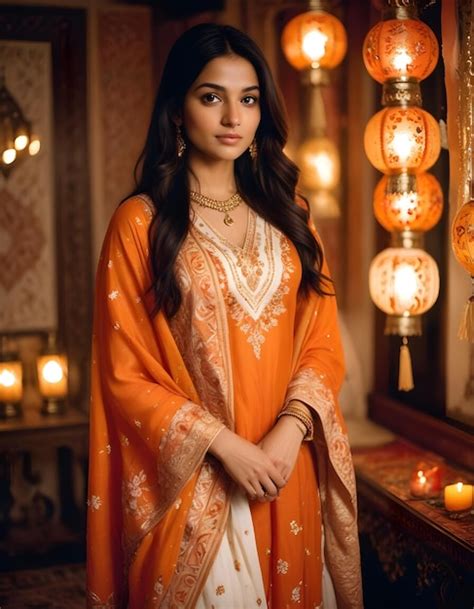 A Woman In An Orange Saree Traditional Orange Whie Saree Traditional