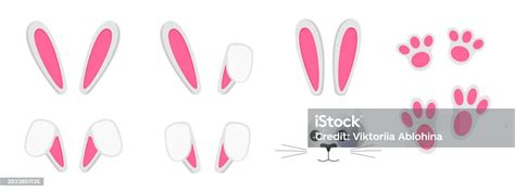 귀여운 토끼 귀 주둥이와 발의 집합은 흰색 배경에 고립되어 있습니다 부활절 파티 사진 촬영 인사말 또는 초대장 축하 배너를 위한 장식 요소 토끼에 대한 스톡 벡터 아트 및