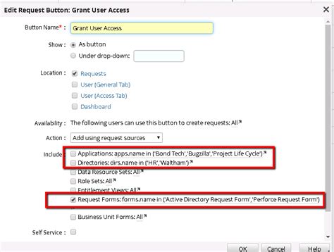 how to define a request button in rsa identity governance and lifecycle