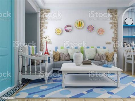 3d 렌더링 푸른 지중해의 넓은 거실 디자인 소파 커피 테이블 장식 그림 등 0명에 대한 스톡 사진 및 기타 이미지 0명 3차원 형태 가구 Istock