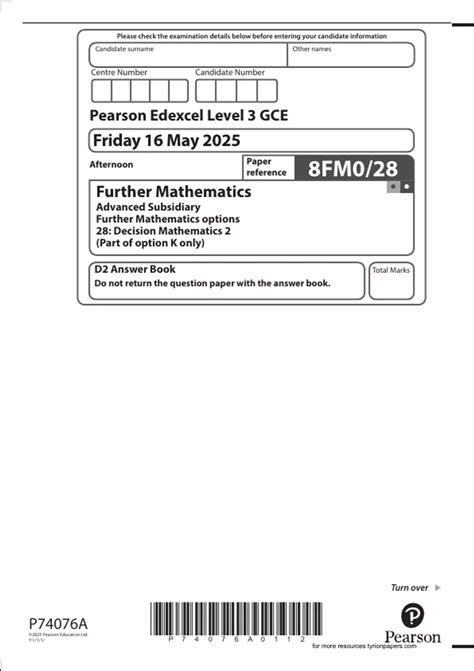 Edexcel As Level May June 2025 Further Maths Paper 28 Decision Maths 2 Answer Booklet Pdf June