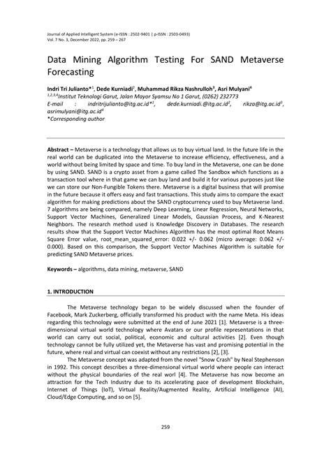 pdf data mining algorithm testing for sand metaverse forecasting