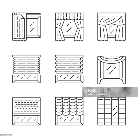 Jalousie 및 커튼 선형 아이콘 세트입니다 셀룰러 색조 창 처리 세트 라이너 집 사무실 인테리어 장식 가는 선 윤곽심