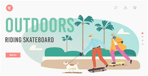 시니어 패밀리 캐릭터 스케이트보드 활동 랜딩 페이지 템플릿 노인 남자 여자와 개 활동적인 라이프 스타일 휴가 노인에 대한 스톡