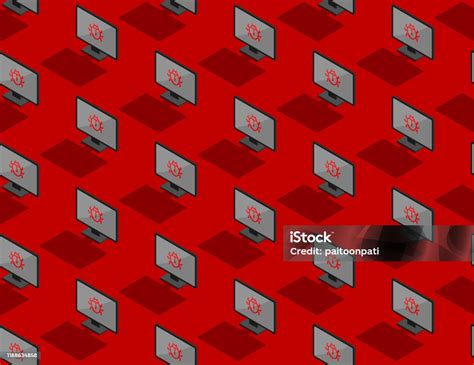 컴퓨터 모두 하나의 3d 등각 측정 원활한 패턴 악성 코드 바이러스 보호 개념 포스터 및 소셜 배너 게시물 빨간색 배경에 격리 된 수평 디자인 그림 벡터 Eps 10 랜섬