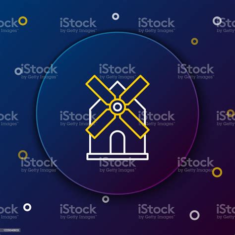 어두운 파란색 배경에 격리 된 흰색과 노란색 선 풍차 아이콘입니다 컬러풀한 아웃라인 컨셉 벡터 일러스트레이션 검은색에 대한 스톡