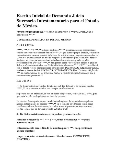 2escrito Inicial De Demanda Juicio Sucesorio Intestamentario Para El