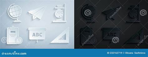 Set Chalkboard Glass Test Tube Flask On Fire Exam Sheet With Clock Triangular Ruler Paper