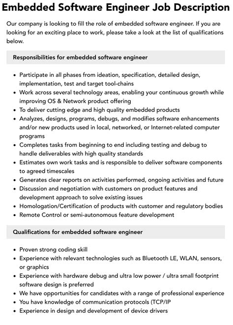 Embedded Software Engineer Job Description Velvet Jobs