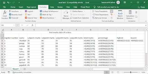 Babes Marks List In Excel 2nd Puc Computer Science