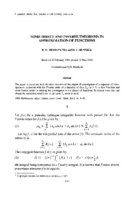 Pdf Some Direct And Inverse Theorems In Approximation Of Functions