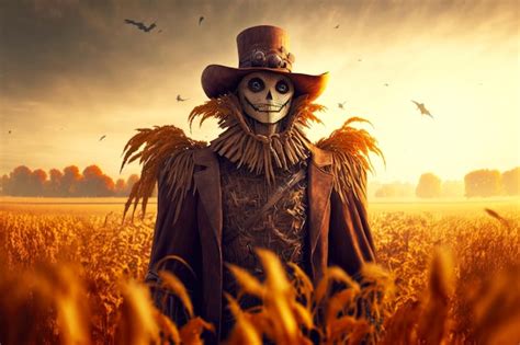 Premium Photo Creepy Scarecrow In Autumn Field Scaring Away Birds And