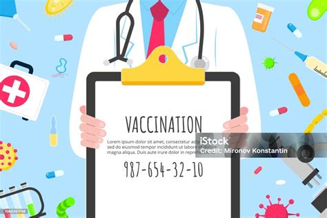 예방 접종 배너 개념 평면 스타일 디자인 포스터입니다 클립보드 및 병원 장비 및 의약품 Arounded 그것에 남성 남자 의사 직원 의료 인식 독감 소아마비 인플루엔자