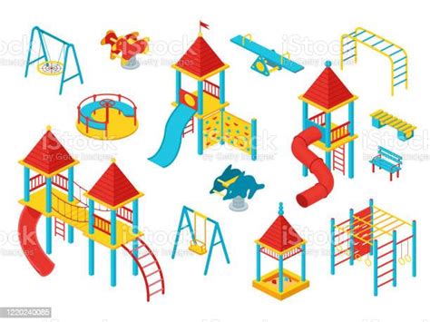 아이 놀이터 아이소메트릭 세트 흰색에 고립 된 벡터 일러스트레이션 슬라이드 놀이터 및 그네가있는 어린이를위한 놀이 공간 생성자 3차원 형태에 대한 스톡 벡터 아트 및 기타