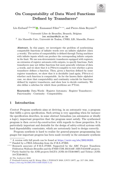 Pdf On Computability Of Data Word Functions Defined By Transducers