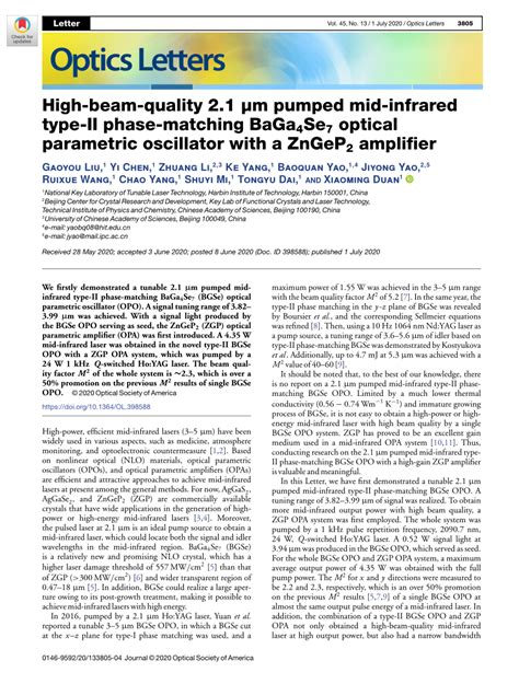 High Beam Quality 2 1 µm Pumped Mid Infrared Type Ii Phase Matching Baga4se7 Optical Parametric