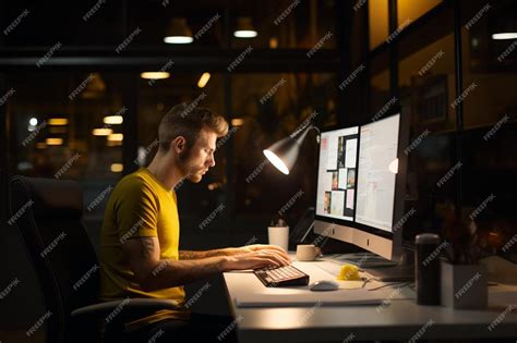 Premium Ai Image A Man Sitting At A Desk Using A Computer