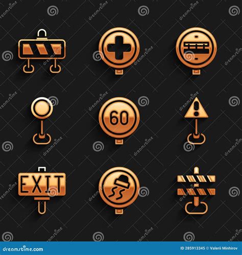 Set Speed Limit Traffic Slippery Road Road Barrier Exclamation Mark In Triangle Fire Exit