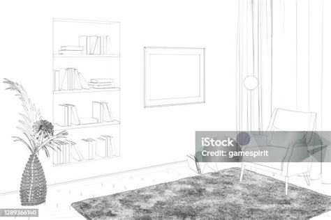 책틈새 말린 꽃병과 안락의자 플로어 램프 창문커튼 사이에 수평 포스터가 있는 방의 스케치 타일 바닥에는 푹신한 카펫이 있습니다