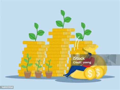 남자는 돈이 달러 가방에 들어갈 때까지 기다리며 휴식을 취하고 동전과 돈 이익 재무 관리 투자 성공적인 플랫 일러스트 레이터 벡터로 나무를 키우고 있습니다 거리가 먼에 대한
