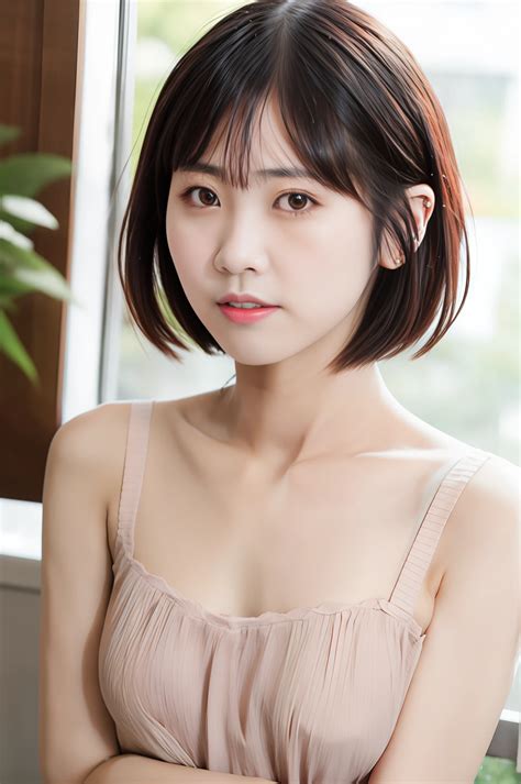 Arafed Asian Woman In A Bra Top Posing For A Picture With Short Hair