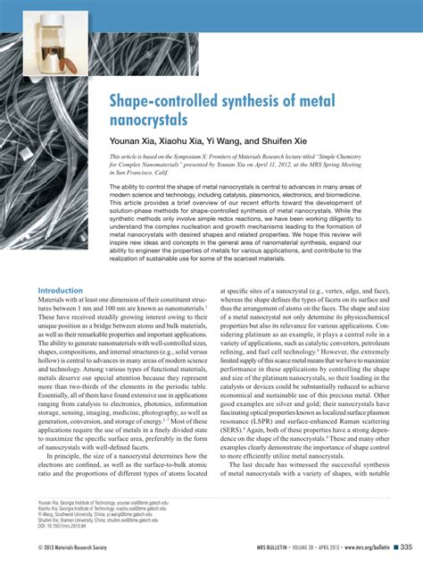Pdf Shape Controlled Synthesis Of Metal Nanocrystals