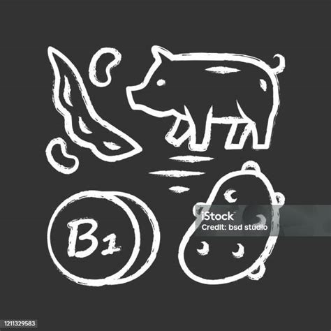 비타민 B1 분필 아이콘입니다 감자 돼지고기 녹색 콩 건강한 식습관 티아민 음식 소스 적절한 영양 야채 육류 제품 미네랄 항산화제 절연 벡터 칠판 그림 0명에 대한 스톡