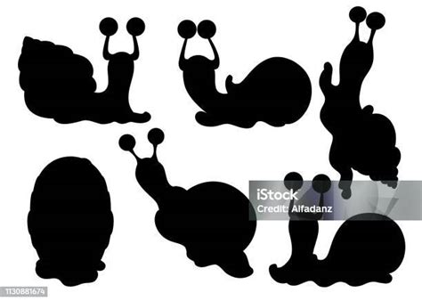 블랙 실루엣 다른 달팽이의 컬렉션입니다 바다와 숲 달팽이 조개 만화 캐릭터 디자인 흰색 배경에 고립 된 평면 벡터 일러스트 레이