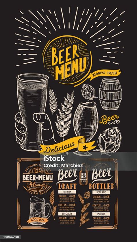 맥주 레스토랑 메뉴입니다 손으로 그린 그래픽 일러스트와 함께 서식 파일을 디자인 합니다 벡터 음료 고객에 대 한 바 고풍스런에 대한 스톡 벡터 아트 및 기타 이미지 Istock