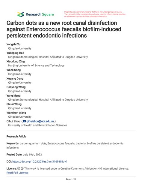 Pdf Carbon Dots As A New Root Canal Disinfection Against Enterococcus Faecalis Biofilm Induced