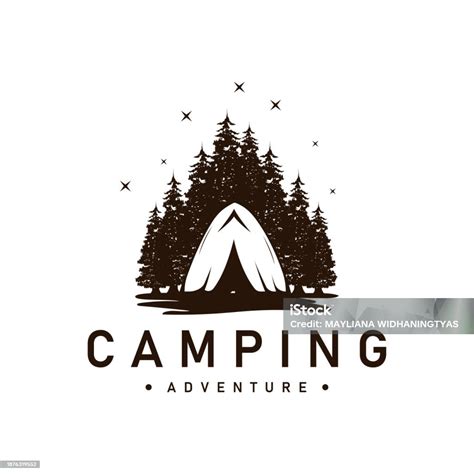 캠핑 로고 야생 숲 디자인 야외 모험 그림 나무와 간단한 텐트 나무에 대한 스톡 벡터 아트 및 기타 이미지 나무 달 하늘