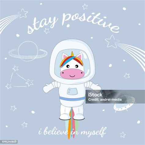 귀여운 재미 있는 유니콘 우주 비행사 공간에서 긍정적인 유지 0명에 대한 스톡 벡터 아트 및 기타 이미지 0명 관광객 귀여운 Istock